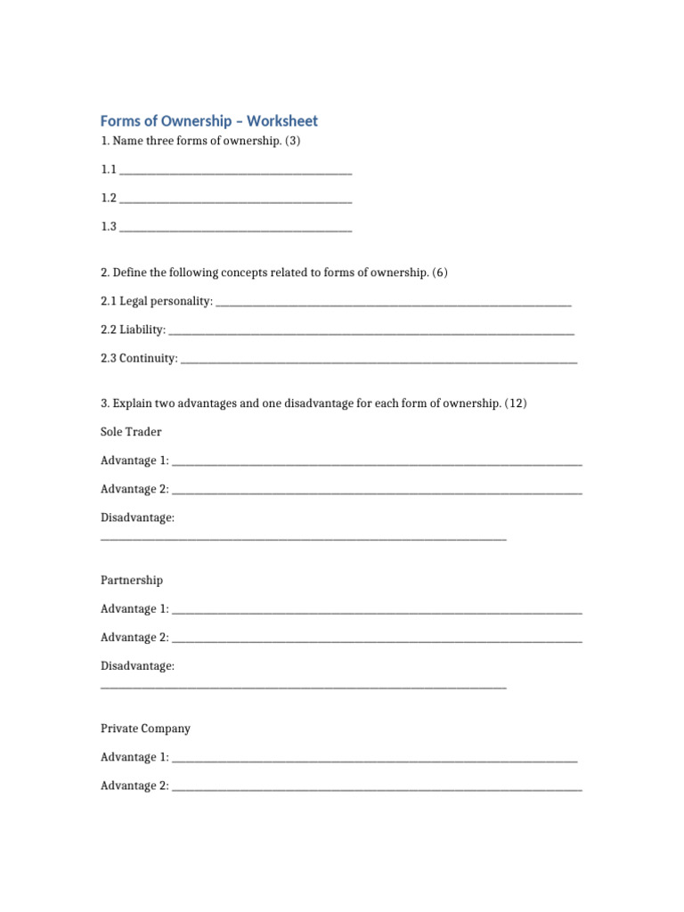 Forms of Ownership Worksheet | PDF | Partnership | Ownership
