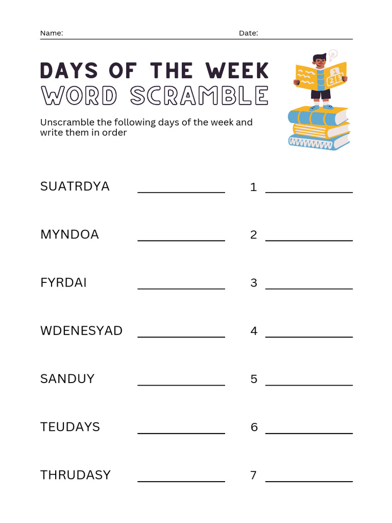 Days of The Week Word Scramble Worksheet in Colorful Simple Style | PDF