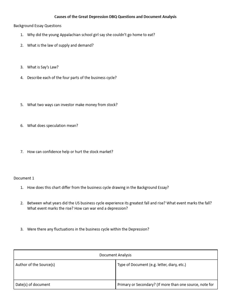 Causes of The Great Depression DBQ Questions and Document Analysis ...