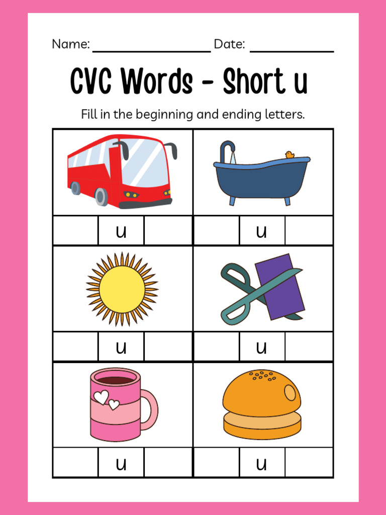 CVC Short Vowel U Worksheet For Kindergarten Reading | PDF