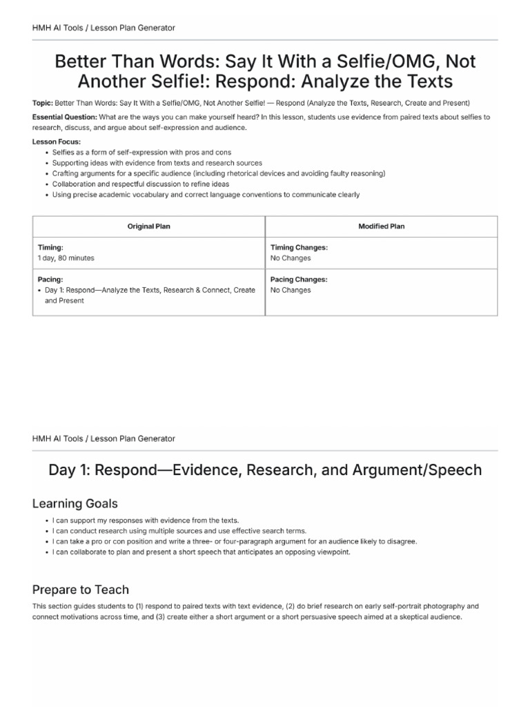 Grade 6 ELA Lesson Plan - Discovering Your Voice - Respond (Selfies ...