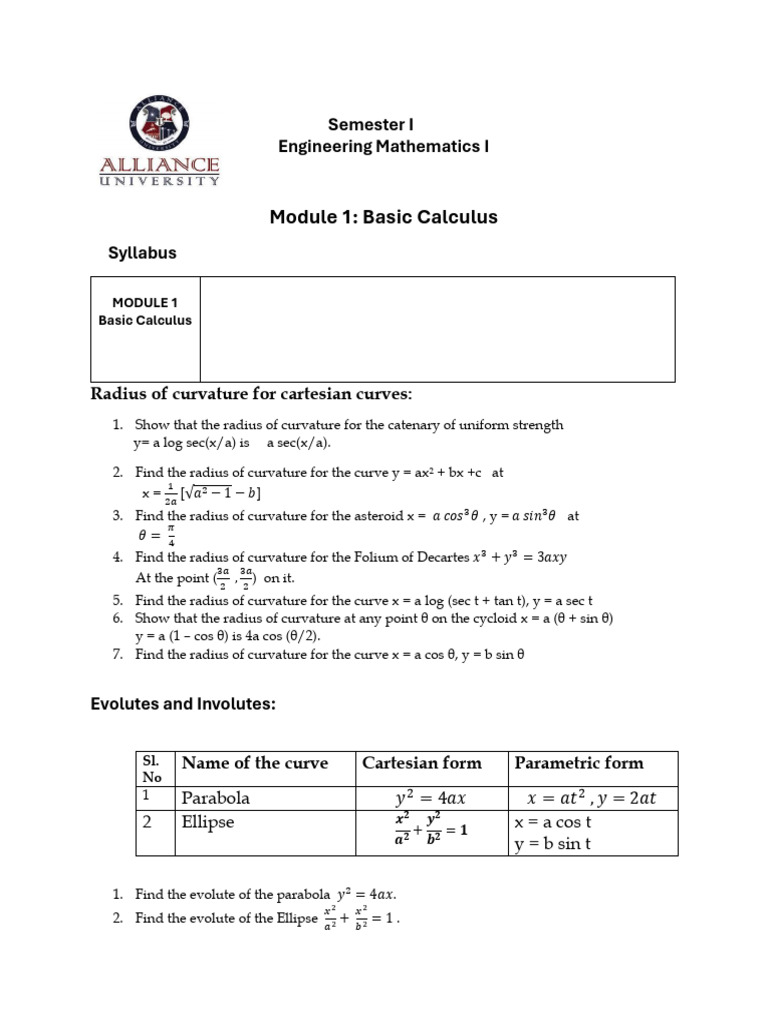 Engineering Mathematics I-Module 1 | PDF | Curvature | Geometric Shapes