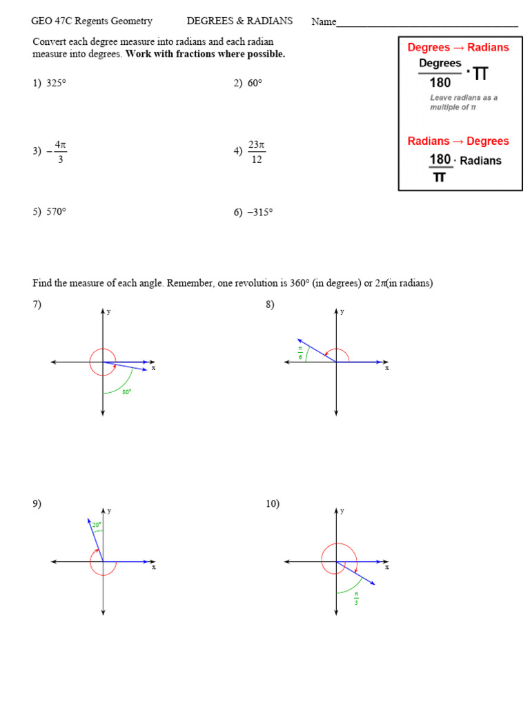 Geo 47C - Worksheet Radians | PDF | Angle | Euclid