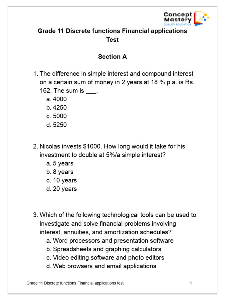 Grade 11 Discrete Functions Financial Applications Test | PDF ...