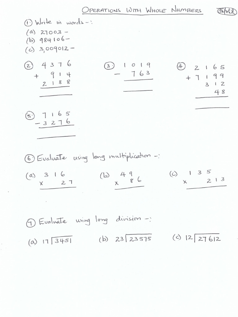 Operations With Whole Numbers 1 | PDF