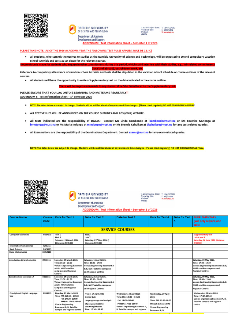 Semester One Test Schedule s1 2026 Updated 26 February 2026 | PDF ...