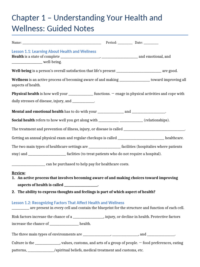 Understanding Your Health and Wellness Student Notes | PDF | Well Being ...