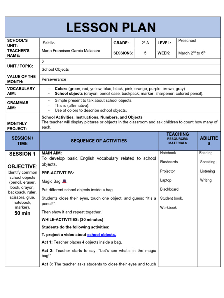 Lesson Plan 1st Week Pres. March | PDF | Lesson Plan | Linguistics