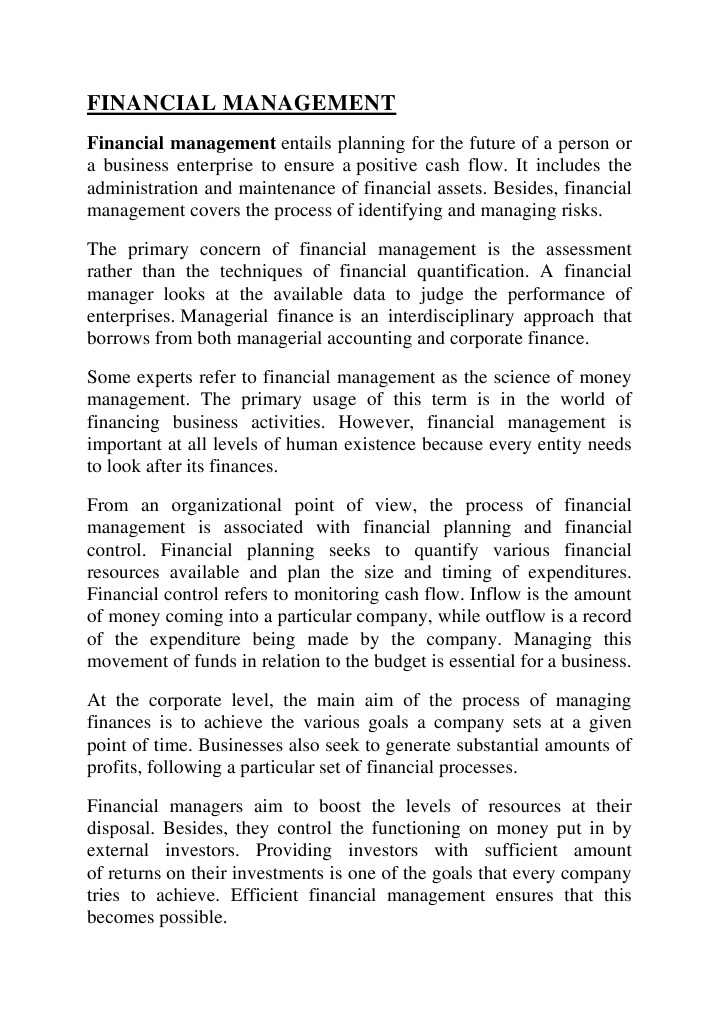 Financial Management: Financial Management Entails Planning For The ...