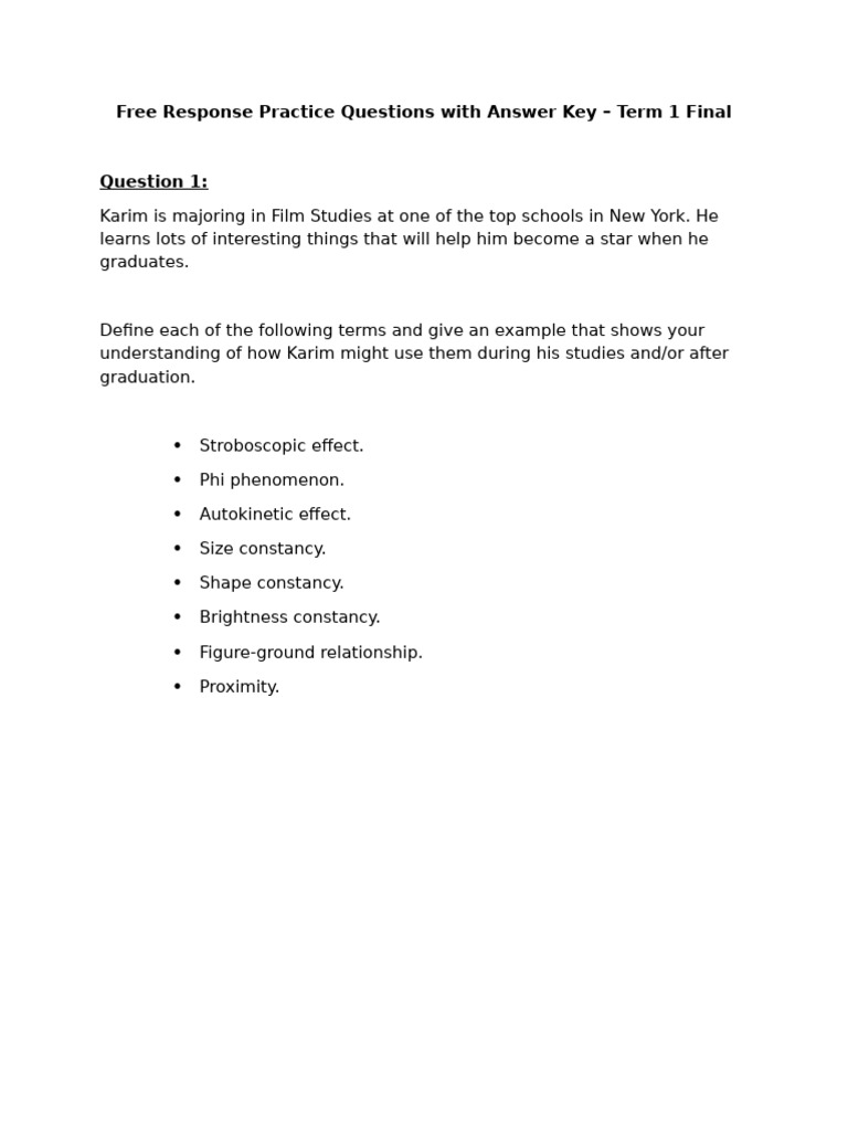 Free Response Practice Questions With Answer Key - Term 1 Final | PDF ...