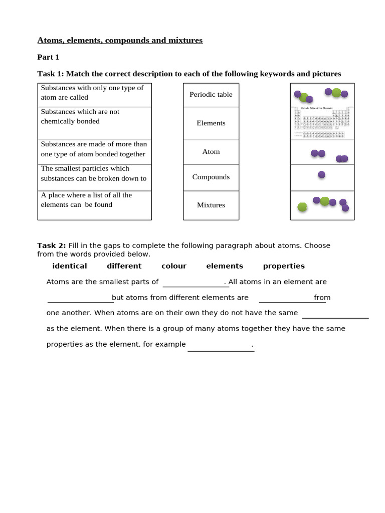 Atoms, Elements Compounds and Mixtures Worksheet Simple-1 | PDF ...