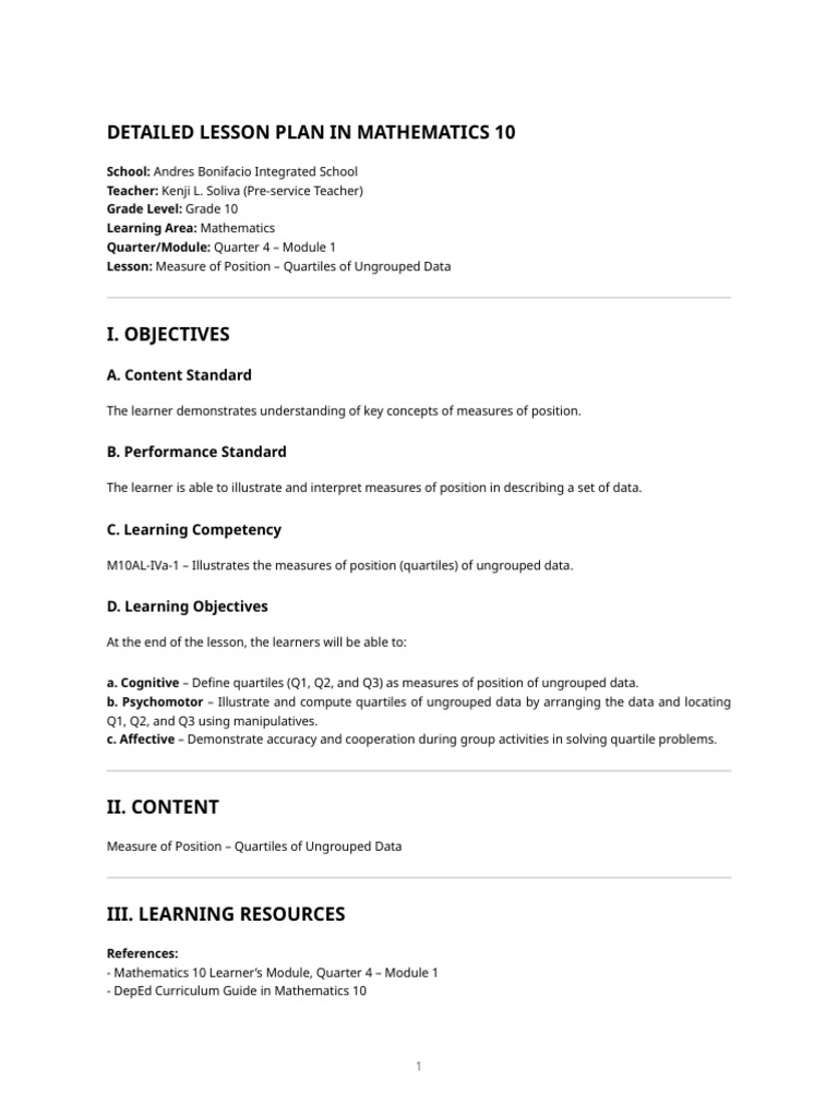 Detailed Lesson Plan in Mathematics 10 - Quartiles (Final Demo) | PDF ...
