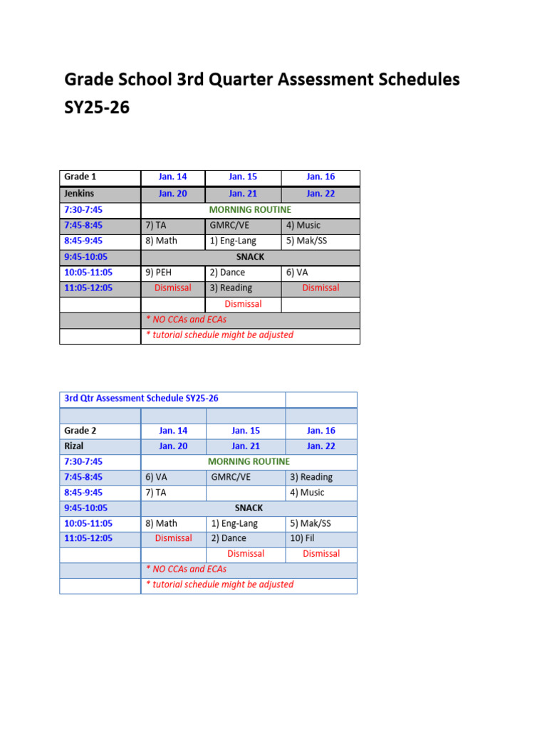 Grade School 3rd Quarter Assessment Schedules SY25-26 | PDF