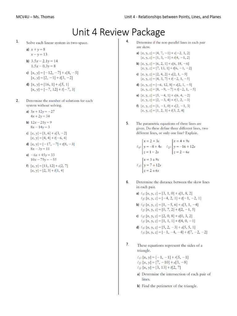 Unit 4 Review Package - Relationships Between Points, Lines, and Planes ...