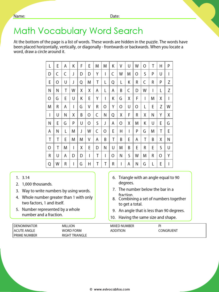 Math Vocabulary Word Search 1 | PDF | Word Search | Elementary Geometry