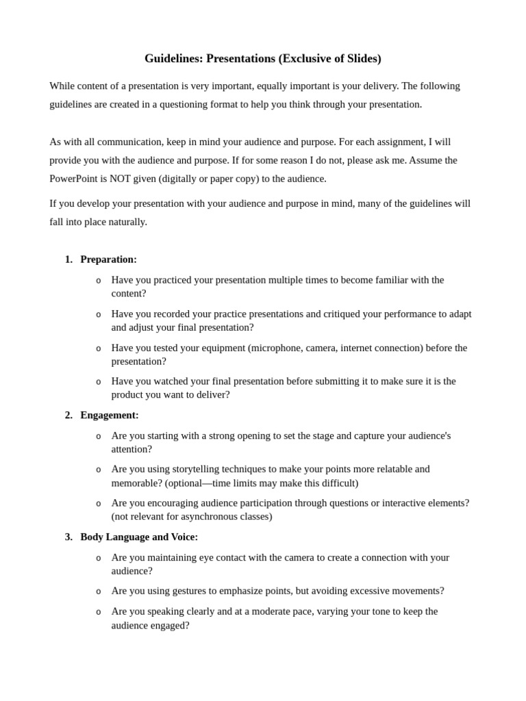Guidelines For Presentations Exclusive of Slides | PDF | Communication ...