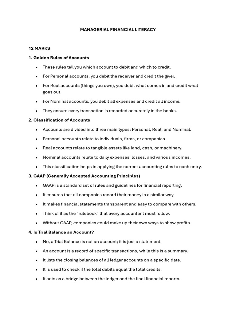 Managerial Financial Literacy 2 MARKS | PDF | Debits And Credits ...