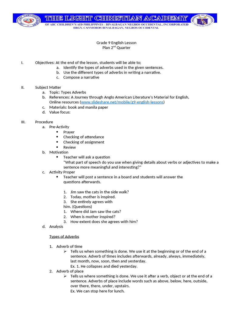 Grade 9 English 2nd Quarter Lesson Plan | PDF