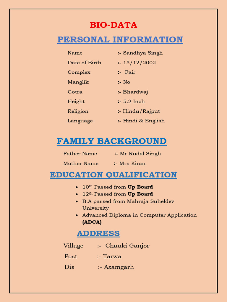 Marriage Biodata (Sandhya Rajput) | PDF