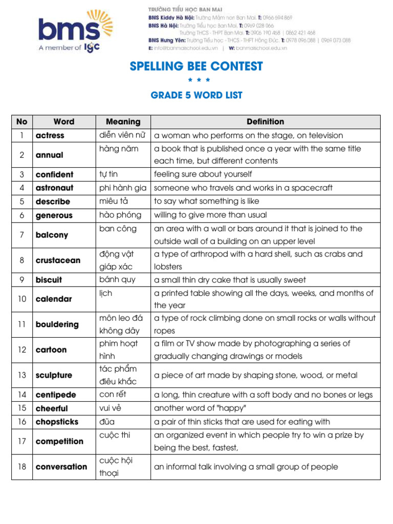 Spelling bee - Word list Grade 5 - Vòng cấp lớp 25.26 | PDF