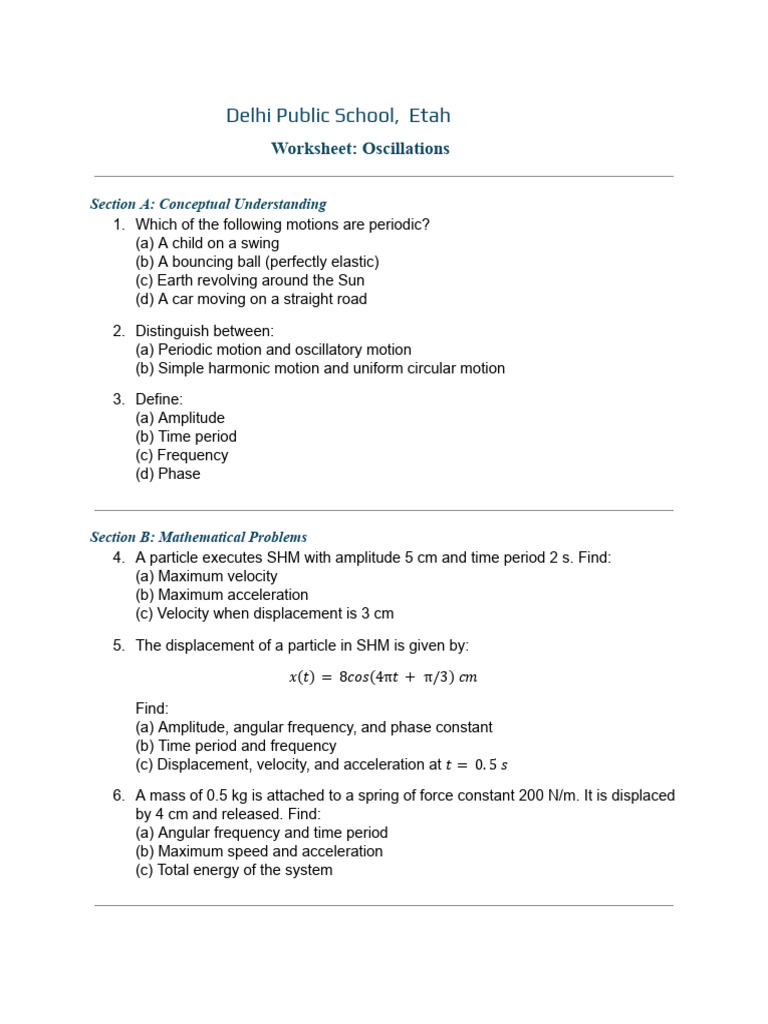 Oscillation Worksheet Oscillation Worksheet | PDF | Physical Quantities ...