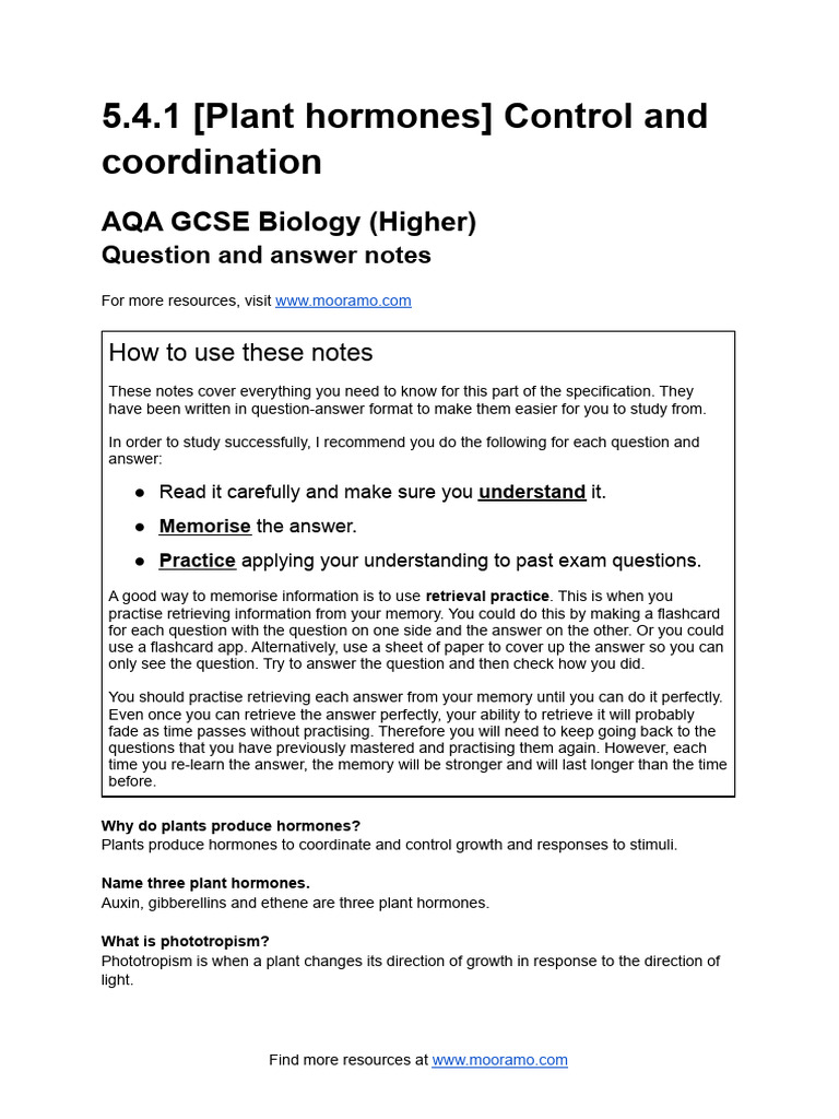5.4.1 [Plant Hormones] Control and Coordination - AQA GCSE Biology ...