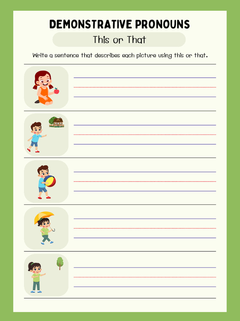 Green Illustrative Demonstrative Pronoun English Worksheet in Lined ...