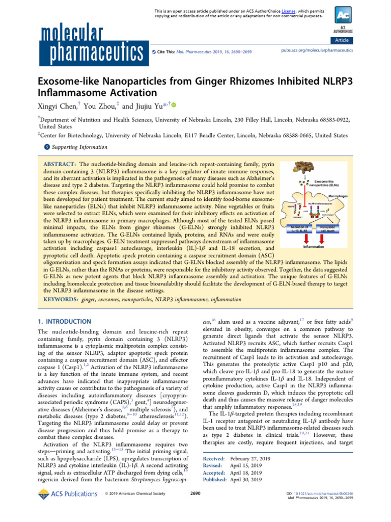 Exosome Like Nanoparticles From Ginger Rhizomes Inhibited Nlrp3 ...