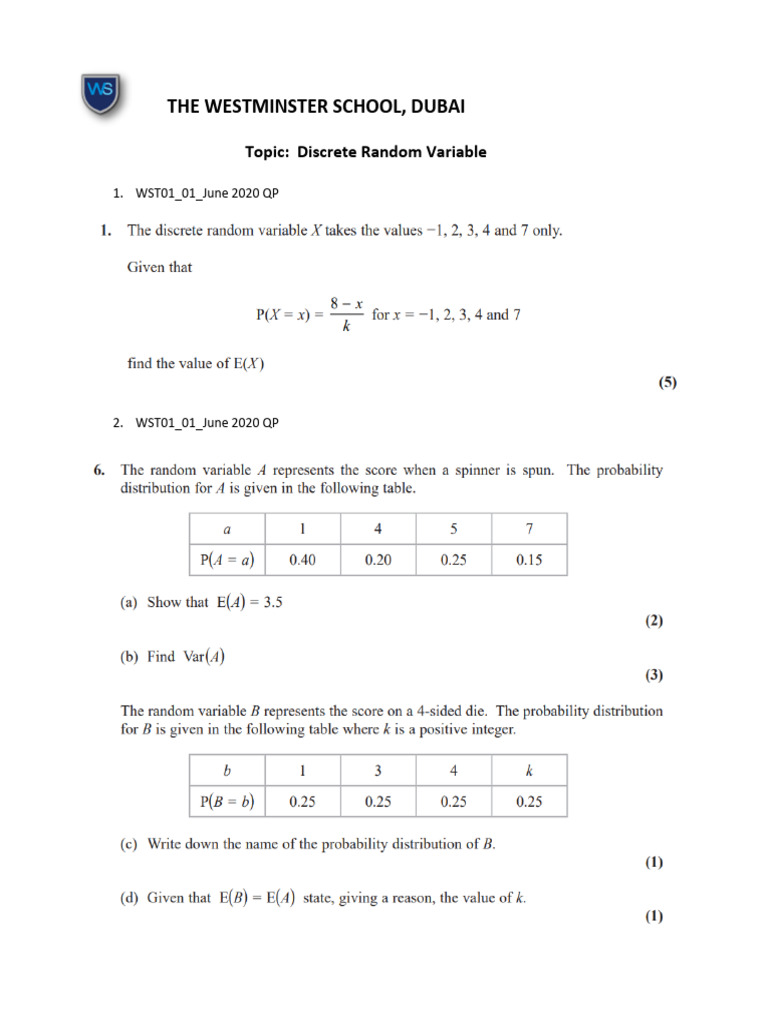 S1 WS - CH 6 - Discrete Random Variable | PDF