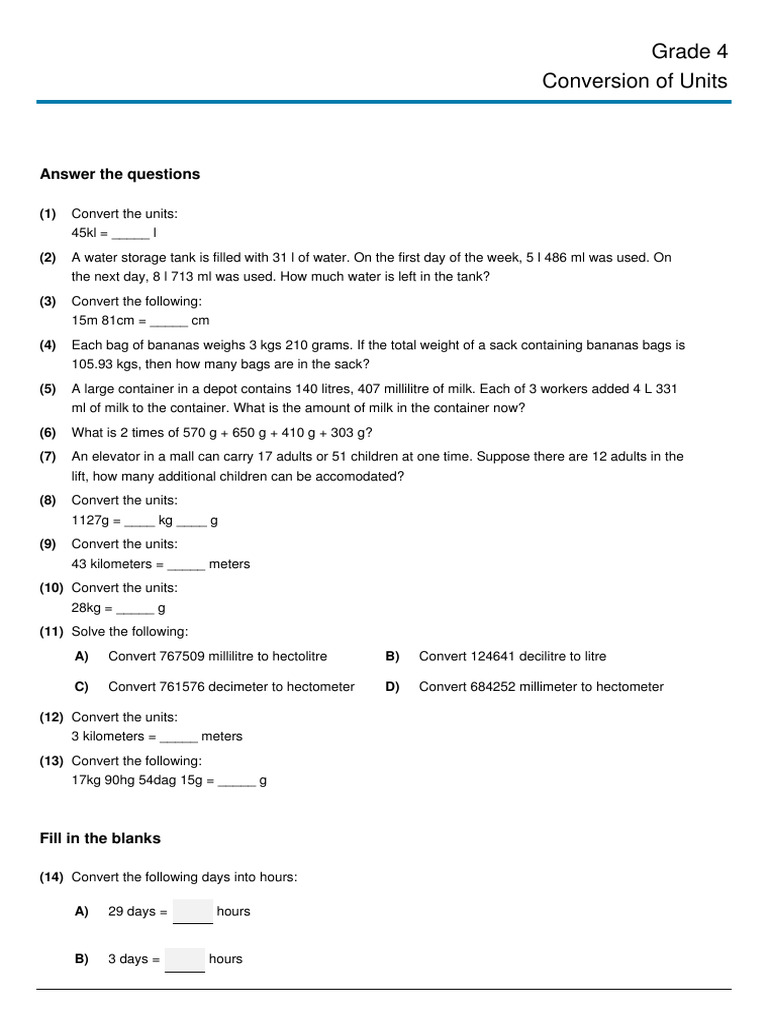 Grade 4 Conversion of Units | PDF