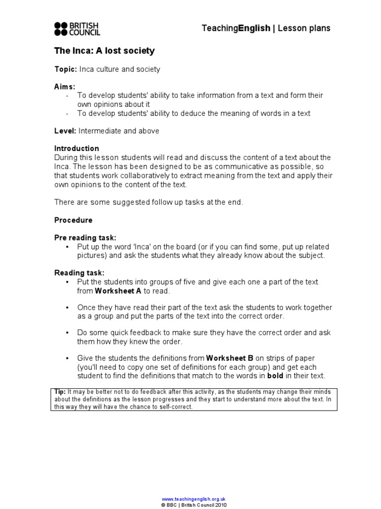 Inca Lost Society Lesson Plan | PDF | Inca Empire | Cognition