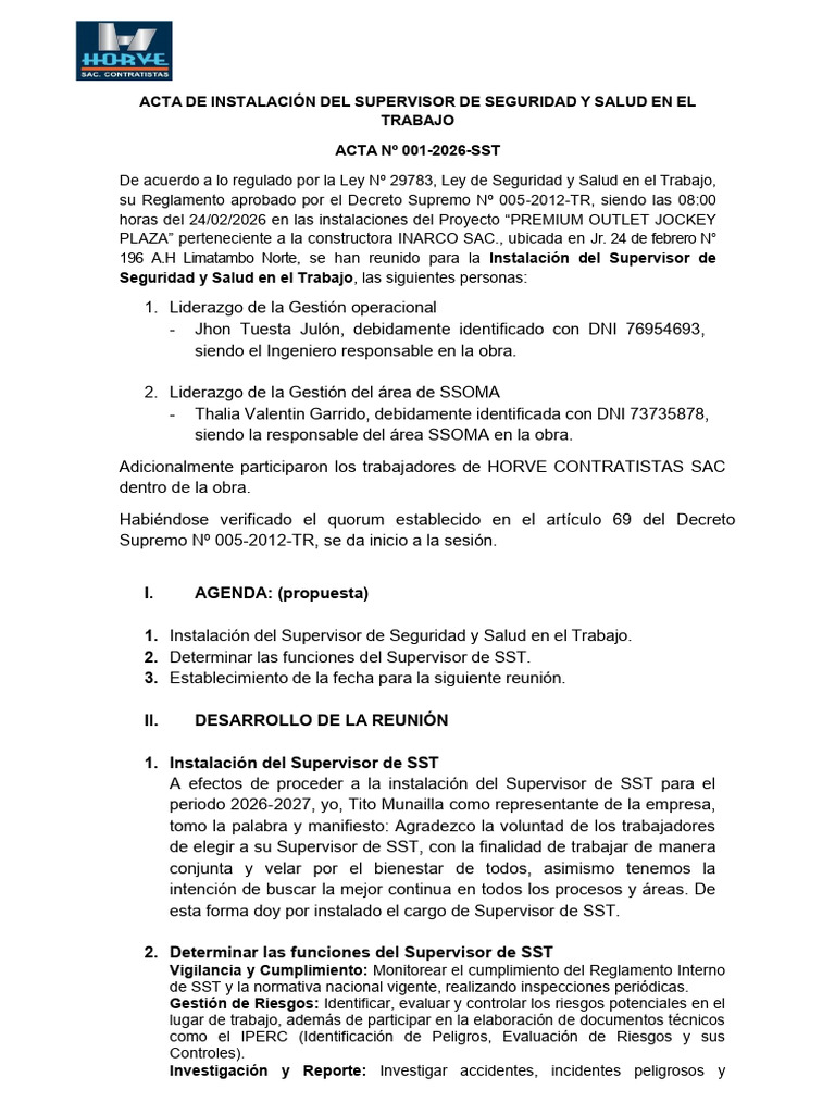 Acta de Instalación Del Supervisor de SST - Horve 2026 | PDF