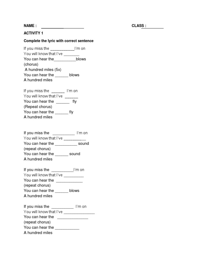 Fill in the Lyrics Activity Worksheet | PDF