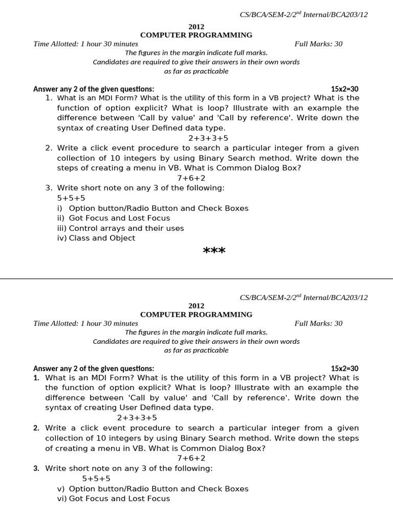 Visual Basic Question Paper 2005 | PDF | Data Type | Integer (Computer ...