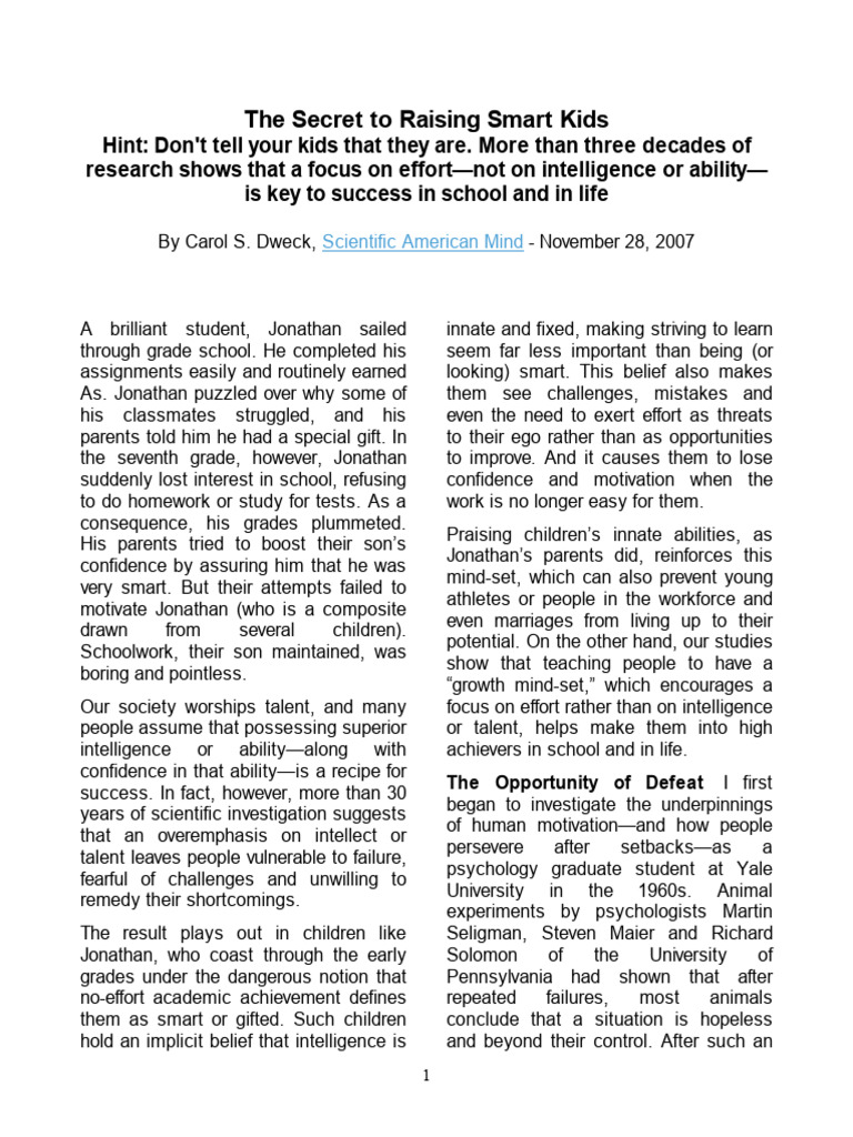 Carol S. Dweck - The Secret To Raising Smart Kids | PDF | Mindset ...