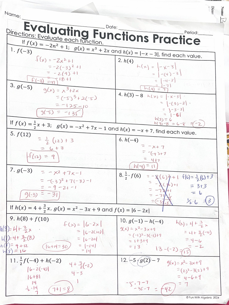 Evaluating Functions Practice - Answers | PDF