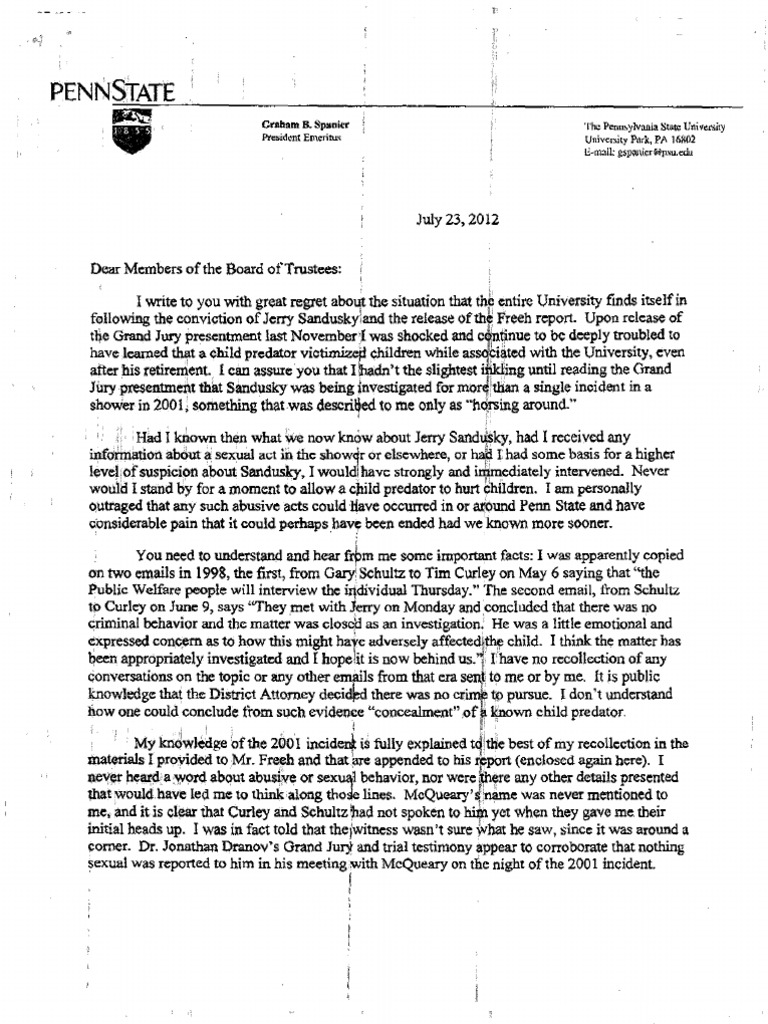 Graham Spanier Letter To Penn State Board of Trustees 7/23/12 | PDF ...