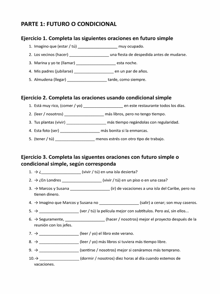 Ejercicios - Futuro o Condicional | PDF