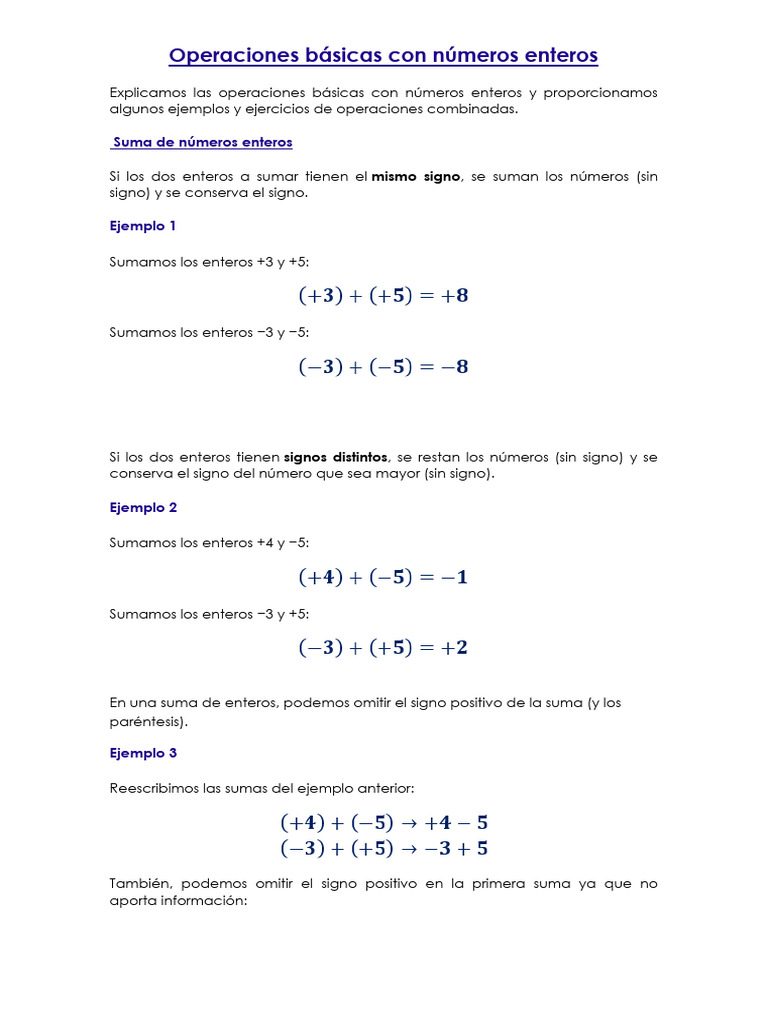 Operaciones Básicas Con Números Enteros | PDF | Exponenciación | Entero