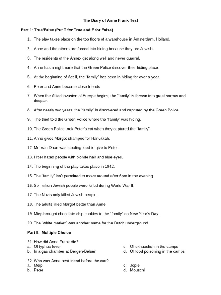 The Diary of Anne Frank Test Final | PDF