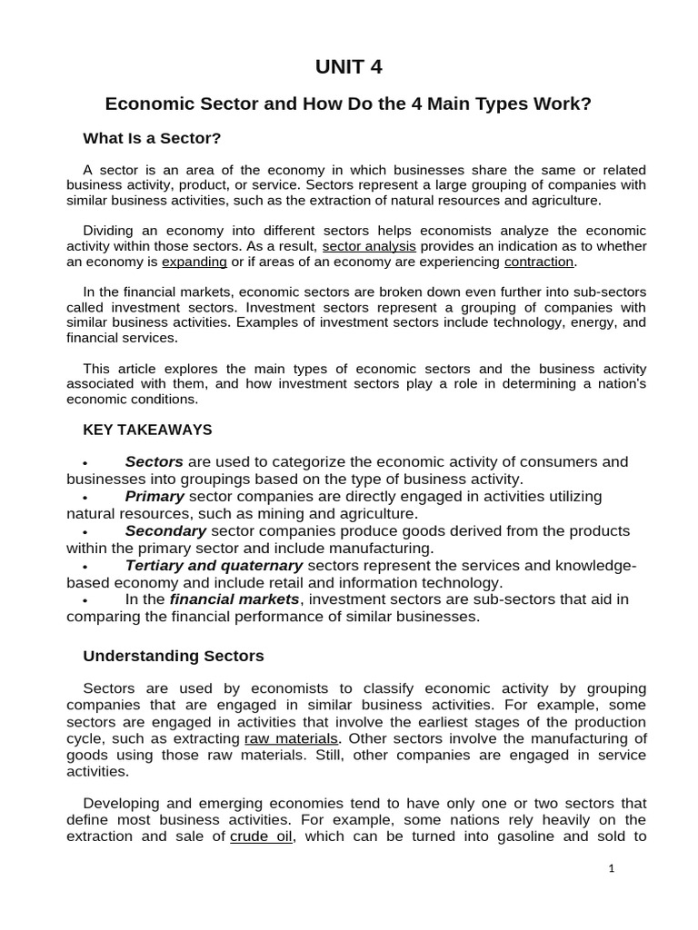 UNIT 4 Economic Sector and How Do The 4 Main Types Work | PDF ...