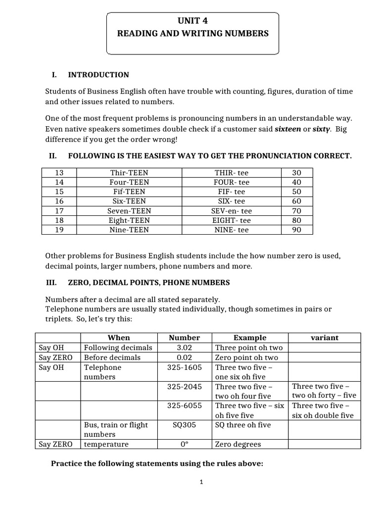 Unit 4 - Reading & Writing Numbers | PDF