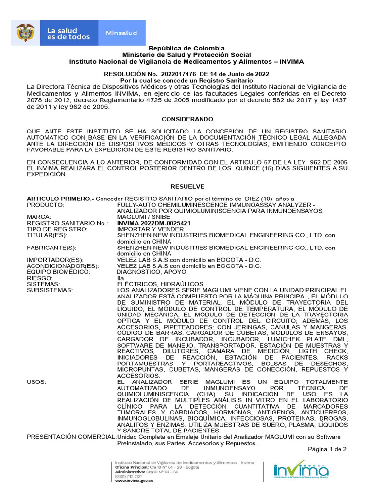 Invima Maglumi x3 | PDF | Dispositivo médico | Inmunoensayo