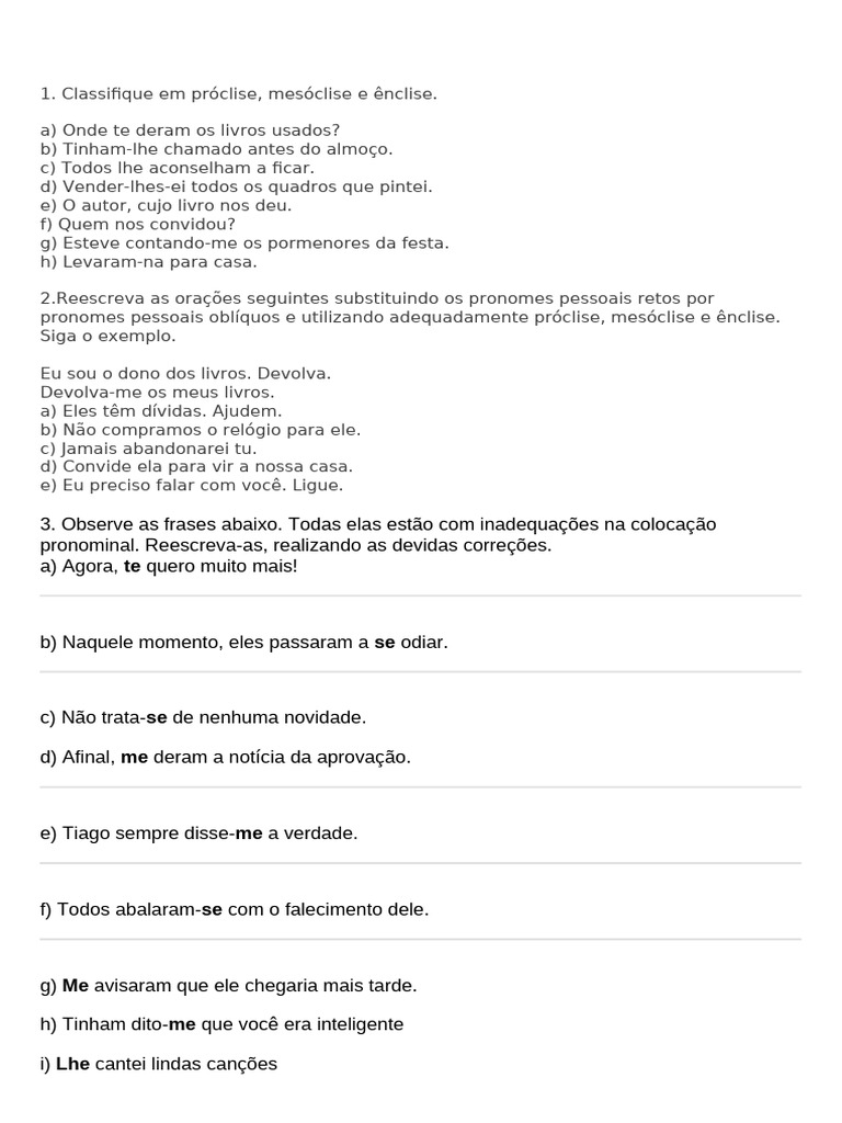 Atividades 9º Ano Próclise Mesoclise E Enclise Pdf
