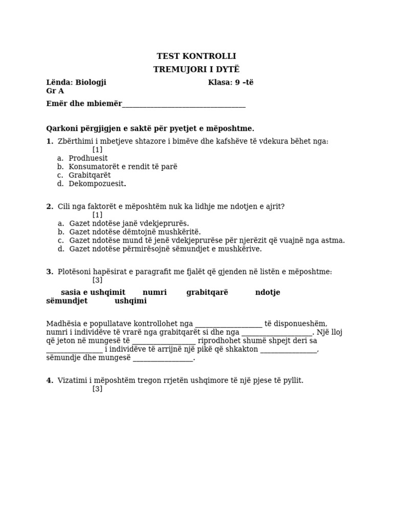 Test Biologji 9 Tremujori I Dyte | PDF