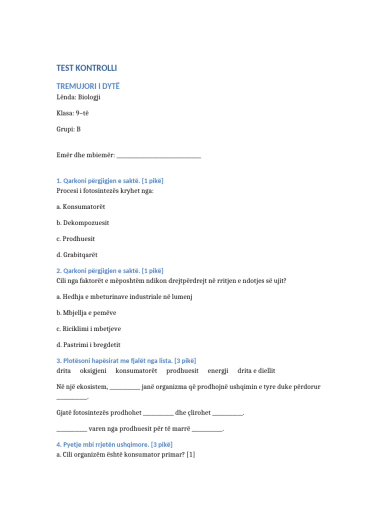 Test Kontrolli Biologji Klasa 9 Grupi B | PDF