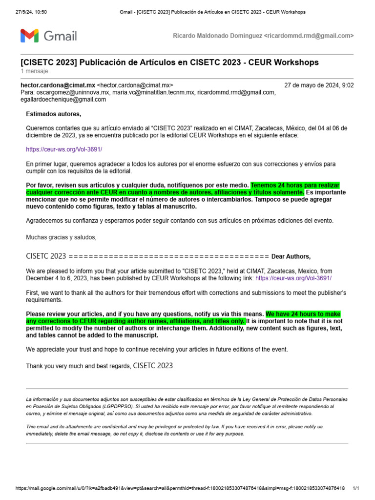 Gmail - [CISETC 2023] Publicación de Artículos en CISETC 2023 - CEUR ...