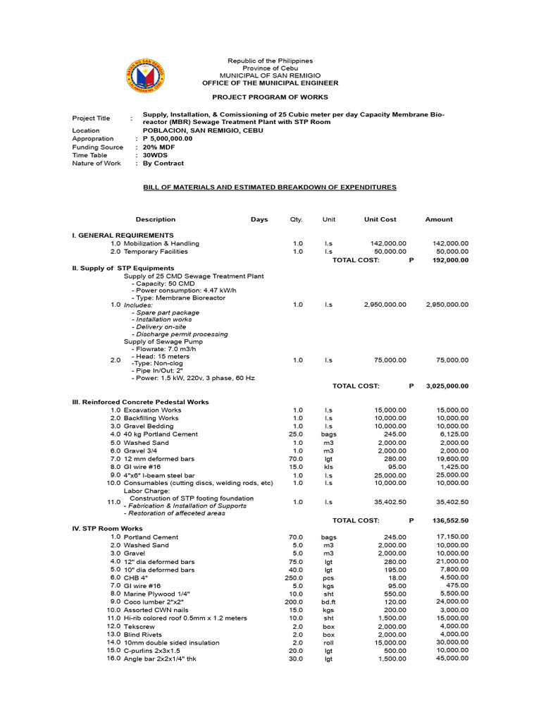 Municipal Pow Format - XLSX - Supply & Installation of STP | PDF | Pipe ...