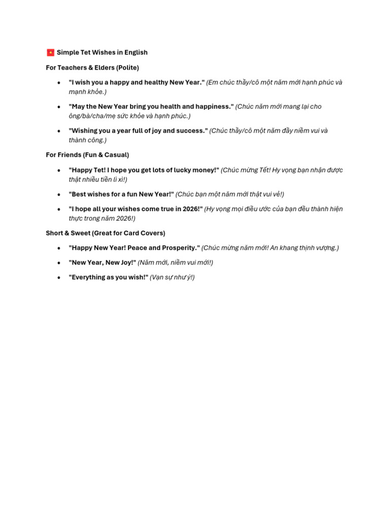 ? Simple Tet Wishes in English | PDF