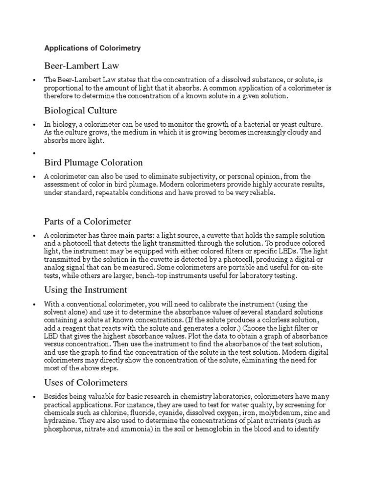Applications of Colorimetry | PDF | Spectrophotometry | Absorbance